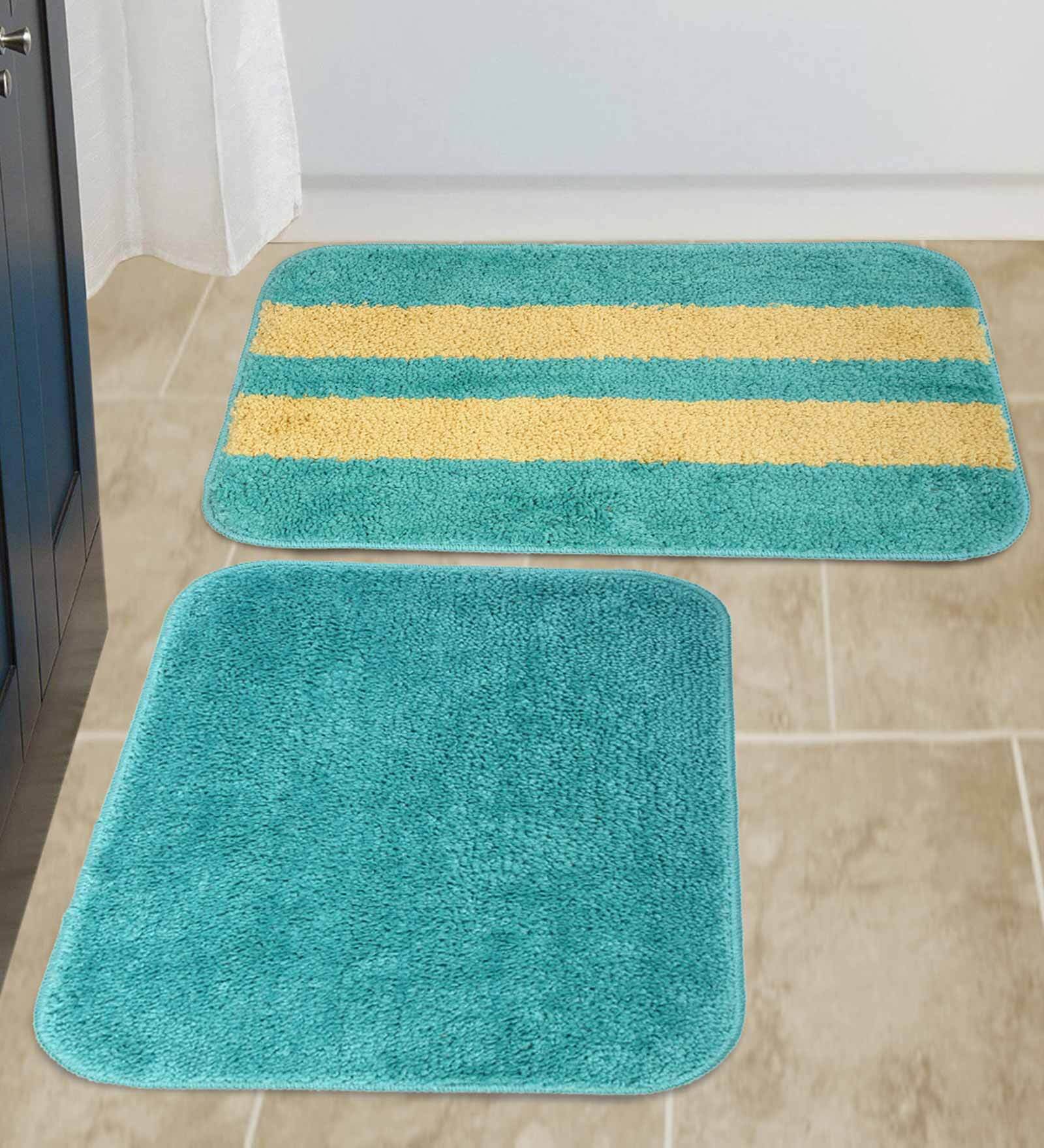 Buy Turquoise Blue Geometric Polyester 16x24 Inches AntiSkid Bath Mats ...