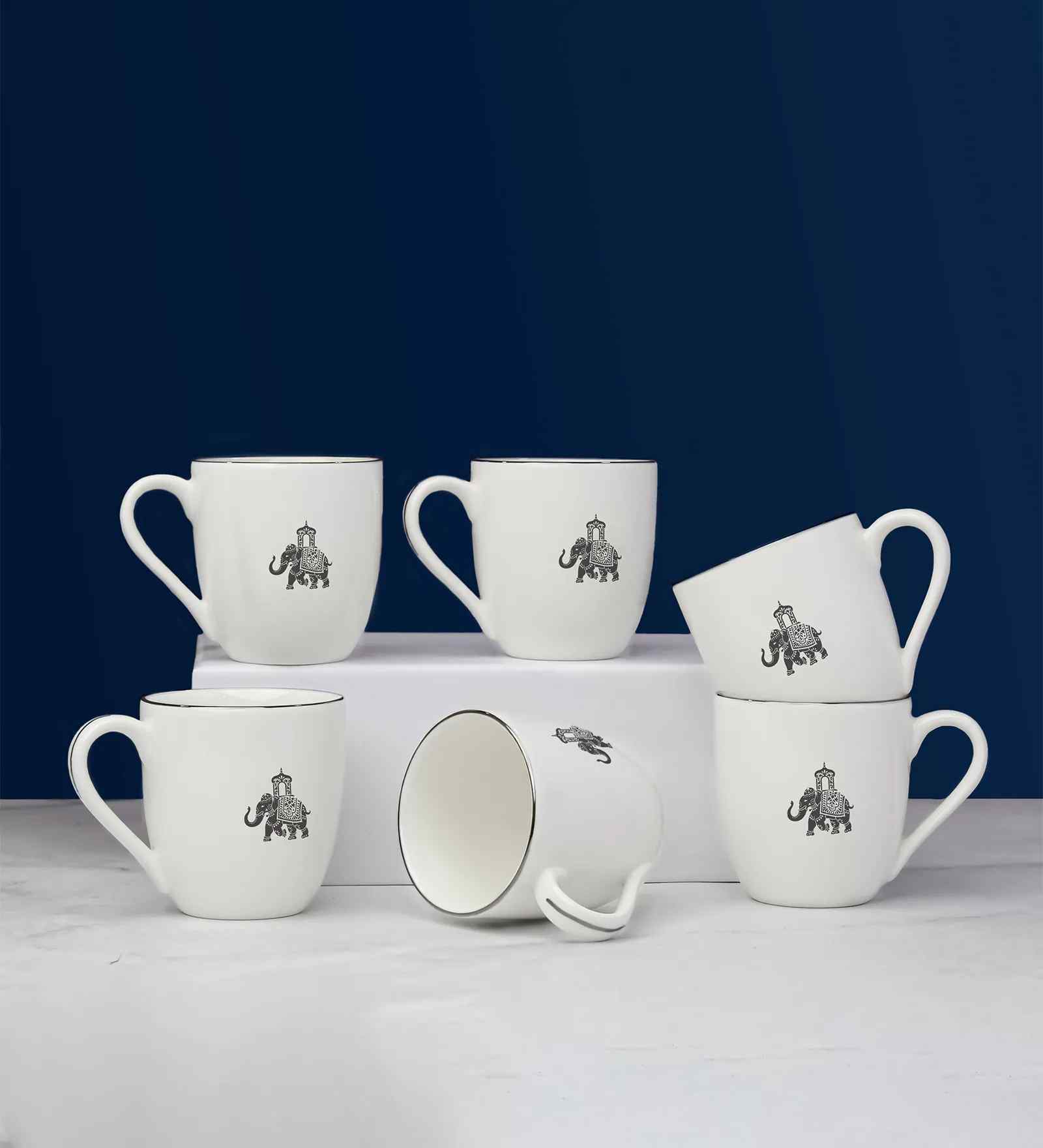 Buy (Set of 6) Gaj Mini Sip Porcelain Coffee Mug with Platinum Rim ...