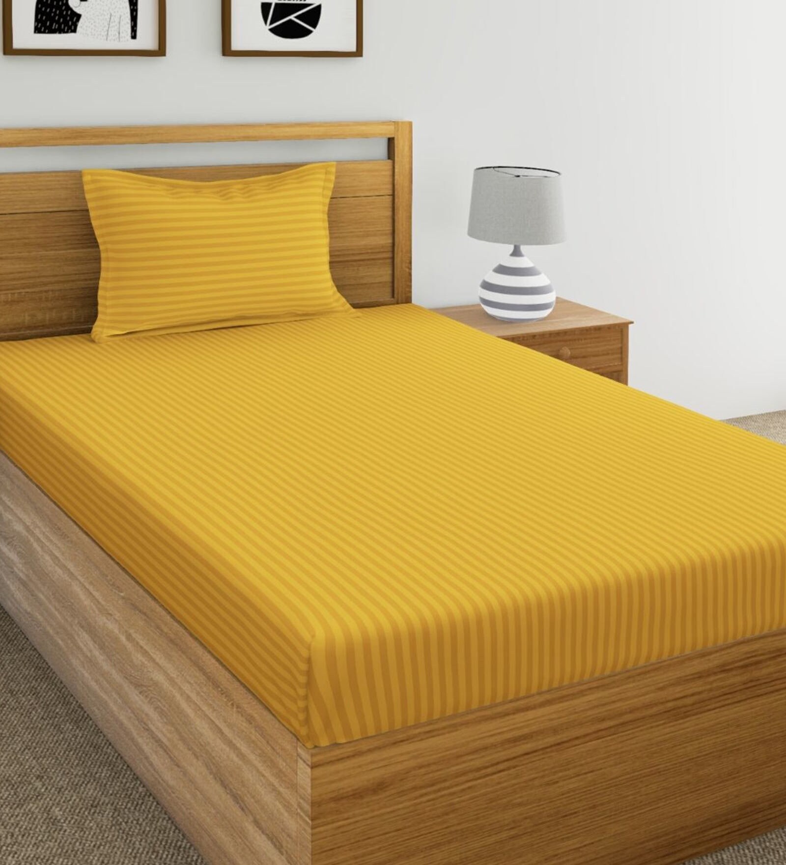 Buy Yellow Striped 220 TC Cotton Blend Single Bed Sized Bed Sheets With ...