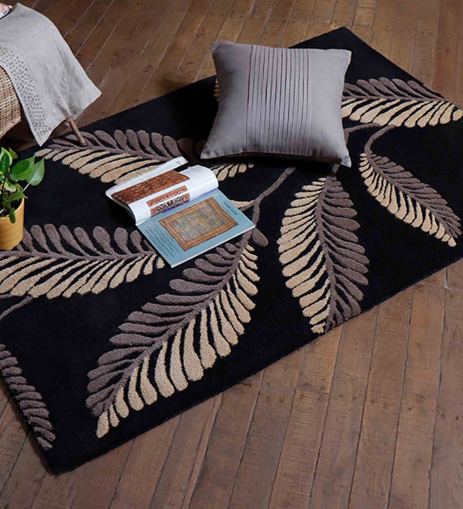 Buy Black 100% Wool Floral 4 X 6 Feet Hand Tufted Carpet by Zeba at 19% ...