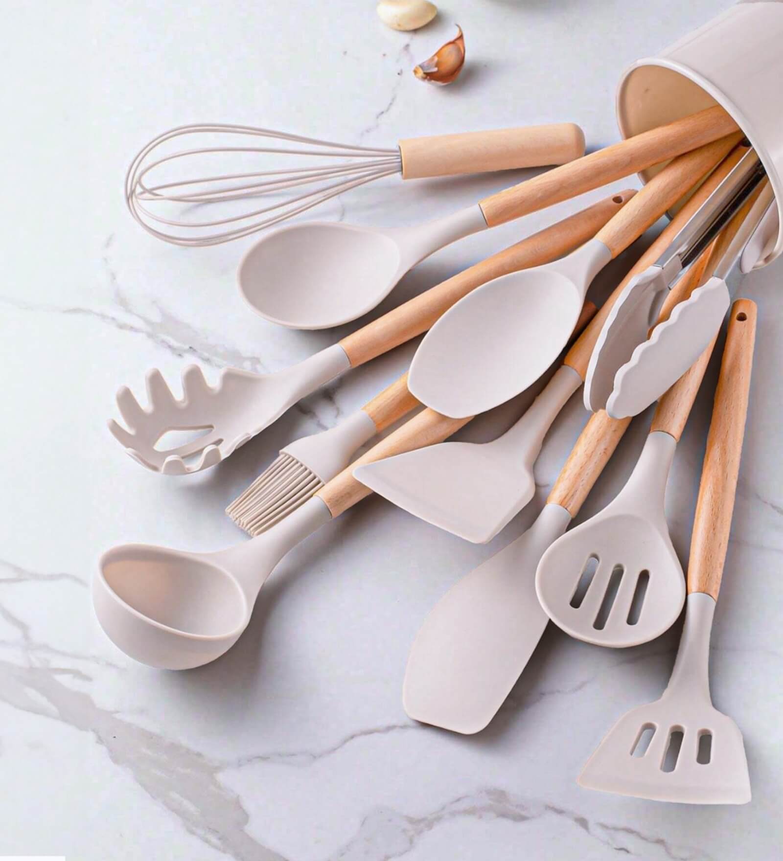 Buy Cream 12 Pcs Non - Stick Silicone & Wood Heat Resistant Spatula Set ...