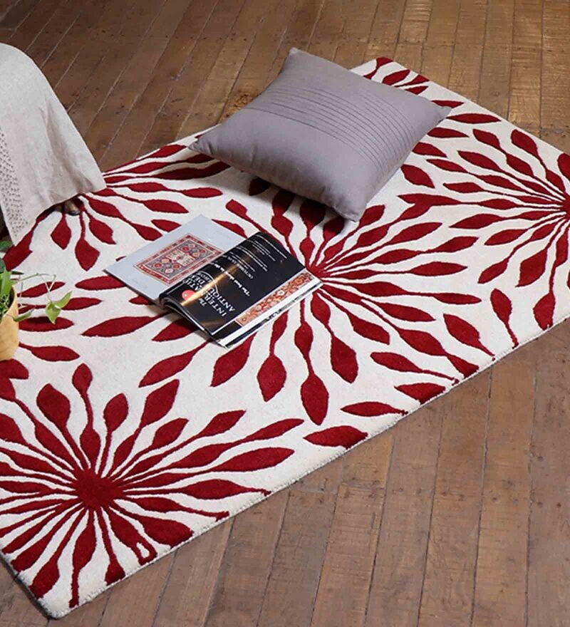 Buy Red 100% Wool Floral 4 X 6 Feet Hand Tufted Carpet by Zeba Online ...