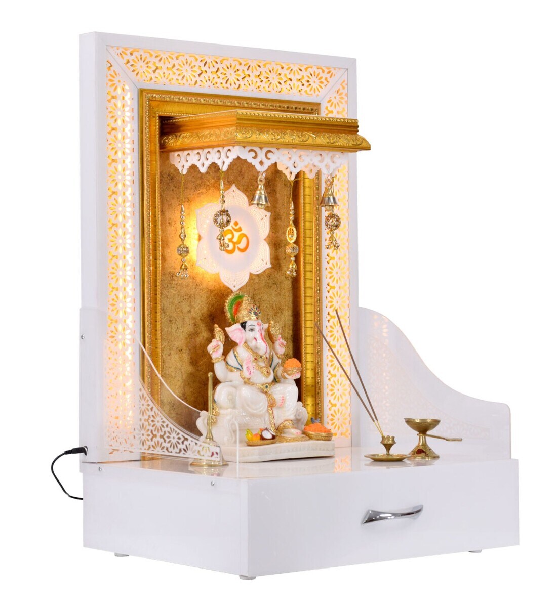 Buy The Mandir Store Devika Glossy White Wooden LED Mandir With Storage ...