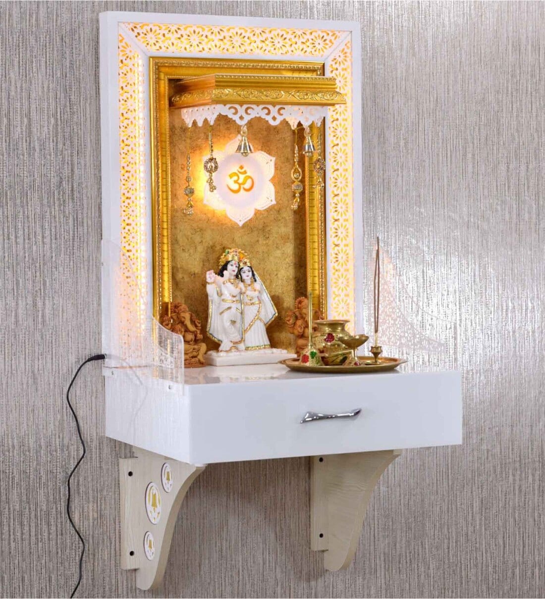 Buy The Mandir Store Devika Glossy White Wooden LED Mandir With Storage ...