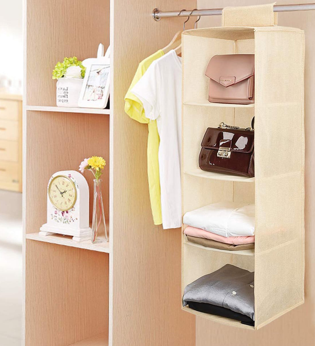 Buy Cream Solid Plastic Foldable Hanging Cloth Organiser With 4 Shelves ...