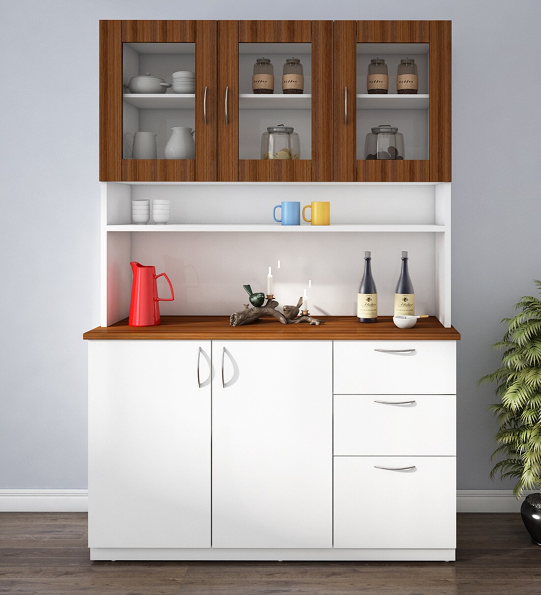 Buy Modish Crockery Unit in Walnut & Frosty White Finish Online ...