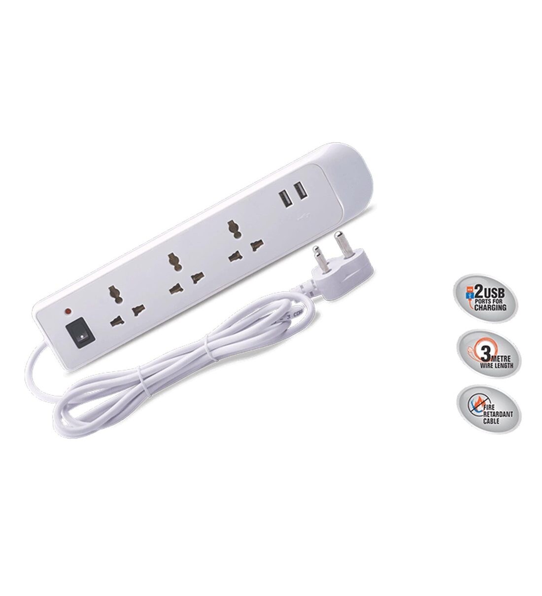 Buy 3 Plug Points 3 Meter Wire Spike Guard With 2 USB by Bajaj Online ...