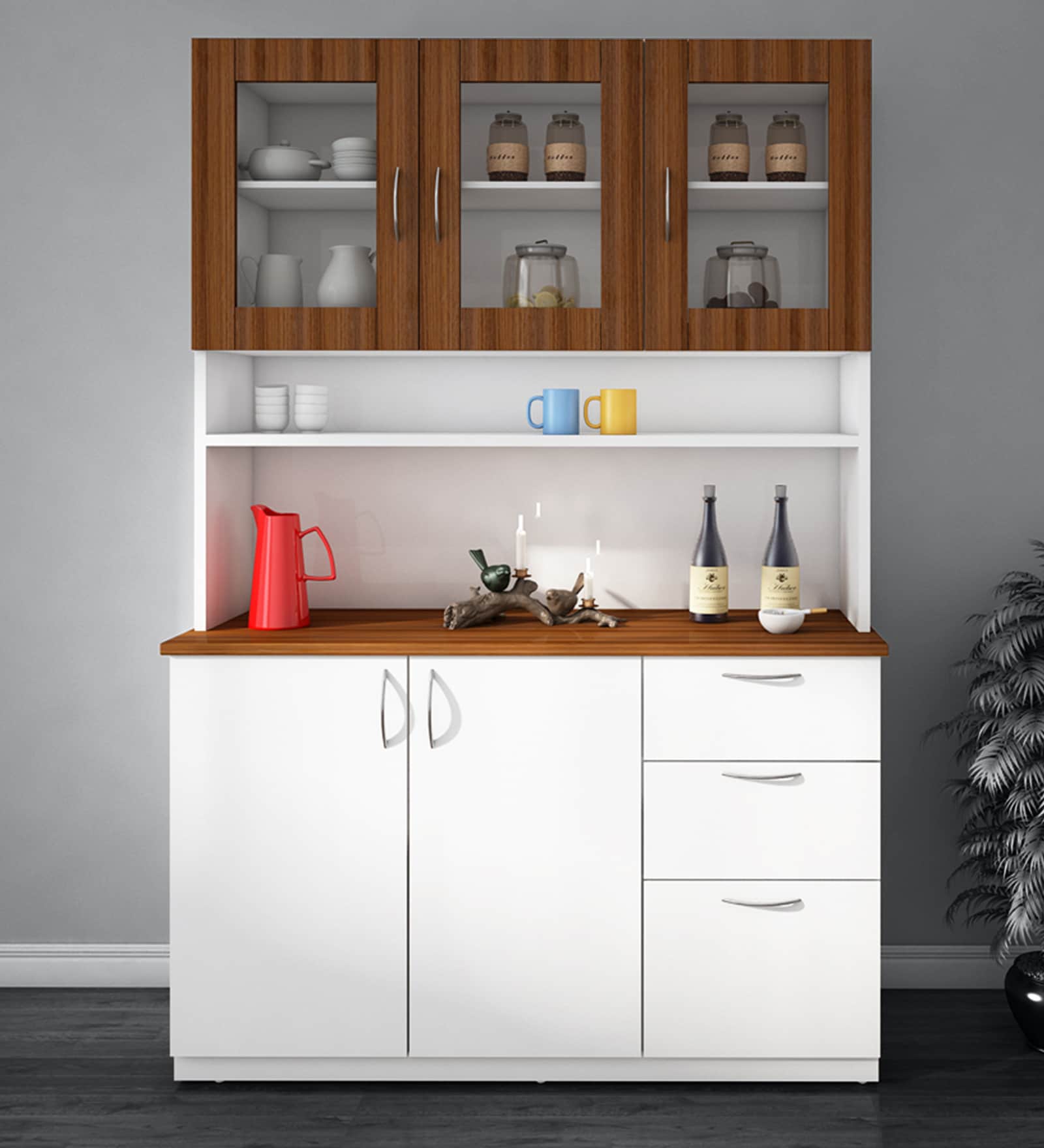 Buy Modish Crockery Unit in Walnut & Frosty White Finish at 34% OFF by ...