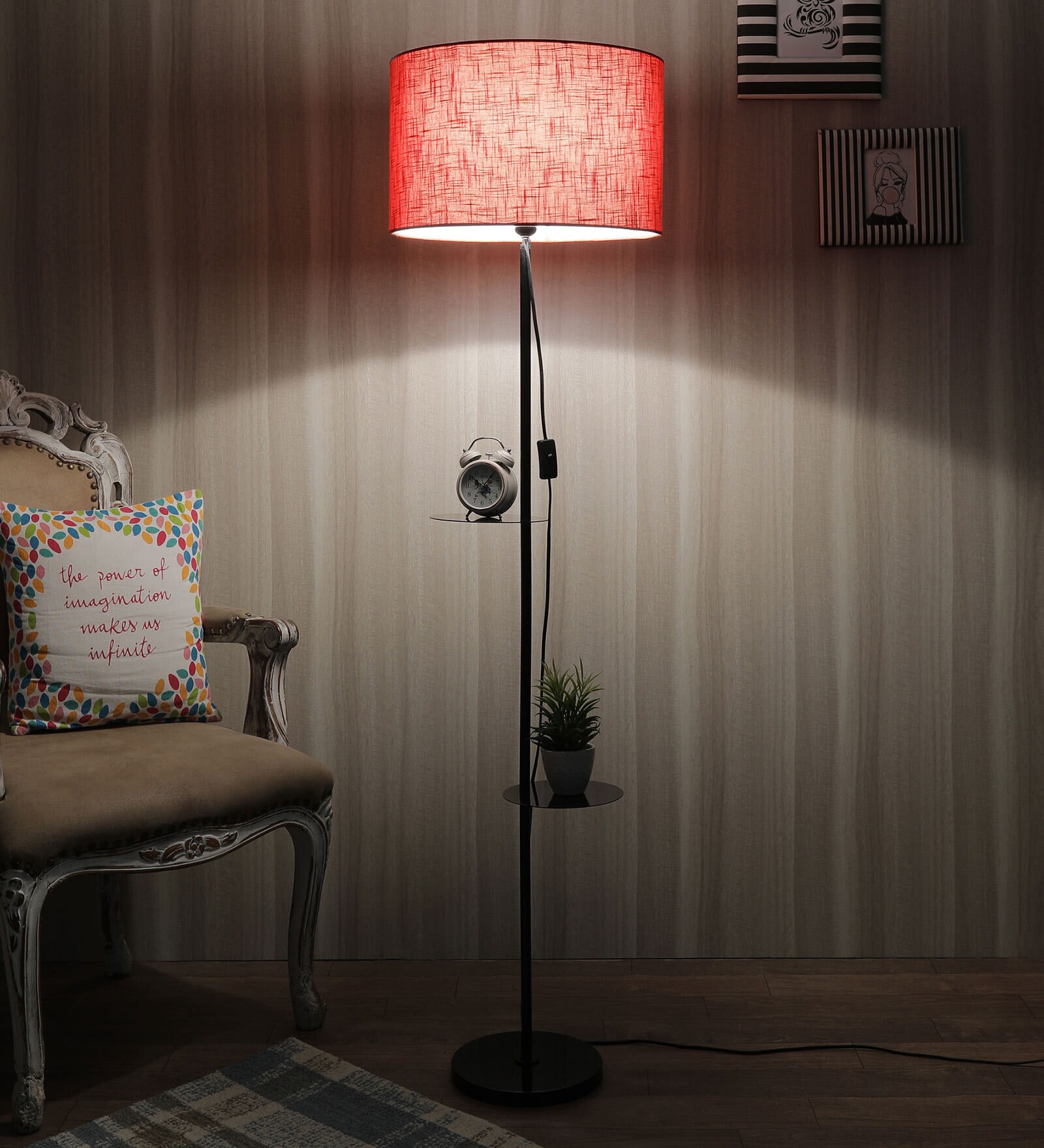 Buy Dynamic Red Cotton Shade Shelf Floor Lamp With Metal Base By Sanded ...