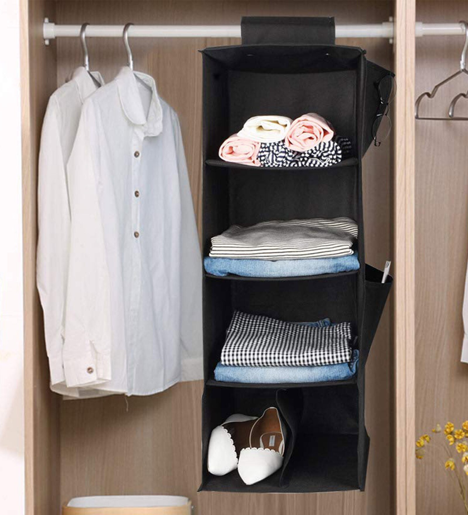 Buy Black Solid Plastic Foldable Hanging Cloth Organiser With 4 Shelves ...