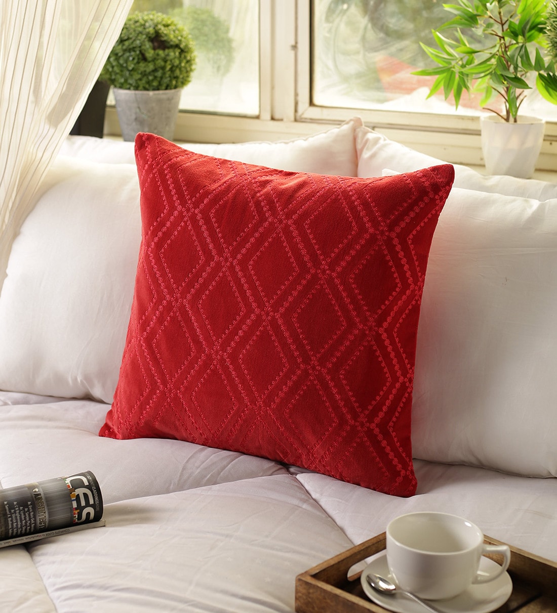 Buy Geometric Pattern Cotton Red Cushion Cover 16 x 16 inches by Home ...