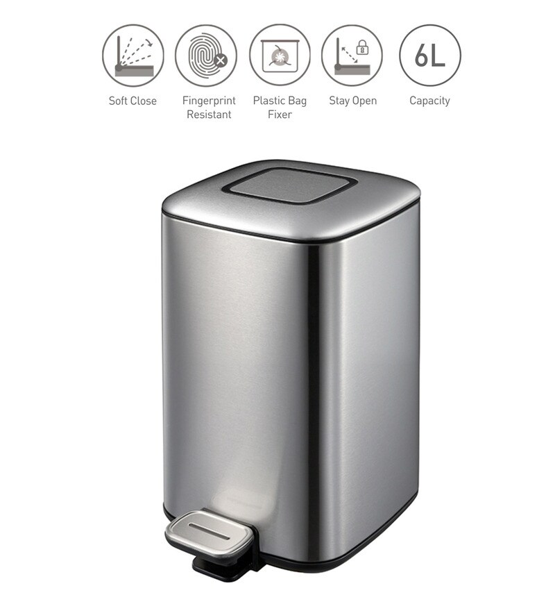 Buy Silver 6 Ltr Stainless Steel Step Dustbin by Obsessions Online ...