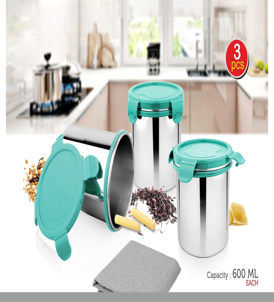 Buy 600ml Teal Plastic & Stainless Steel (Set of 3) Clip Lock Canister ...