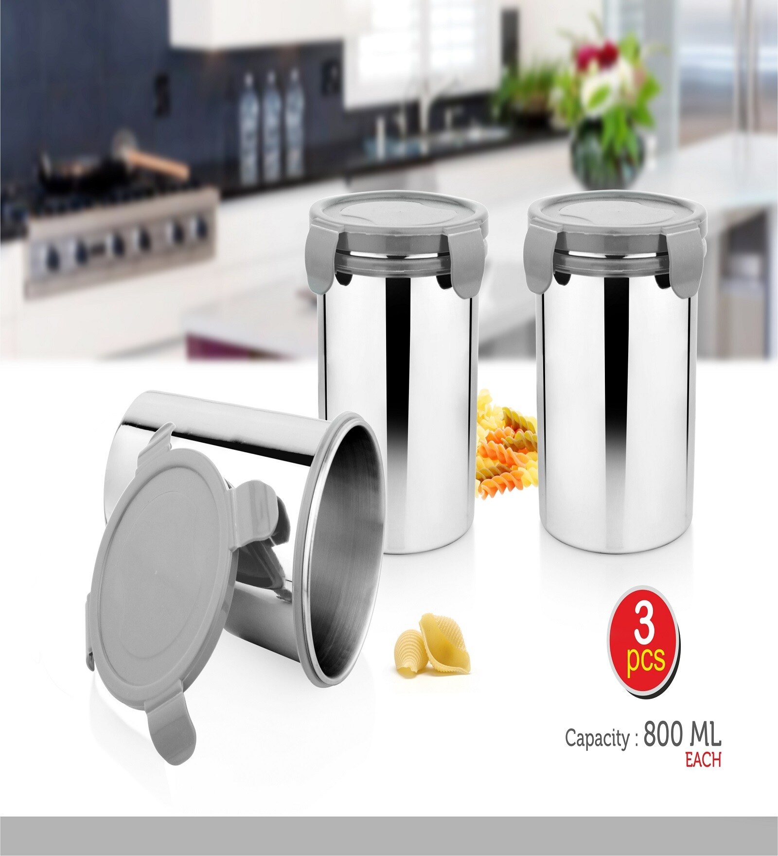 Buy 800ml Grey Plastic & Stainless Steel (Set of 3) Clip Lock Canister ...
