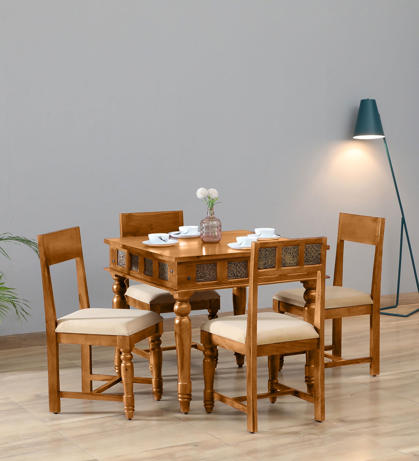 Buy Aakrit Sheesham Wood 4 Seater Dining Set In Scratch Resistant Rustic Teak Finish With Brass ...