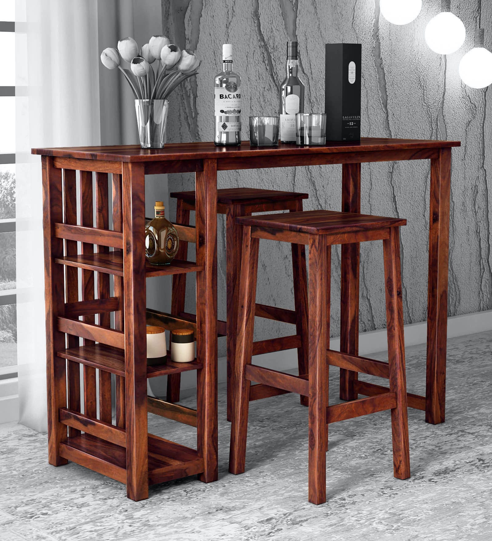 Buy Abbey Sheesham Wood Bar Table Set in Honey Oak Finish With 2 Stools ...