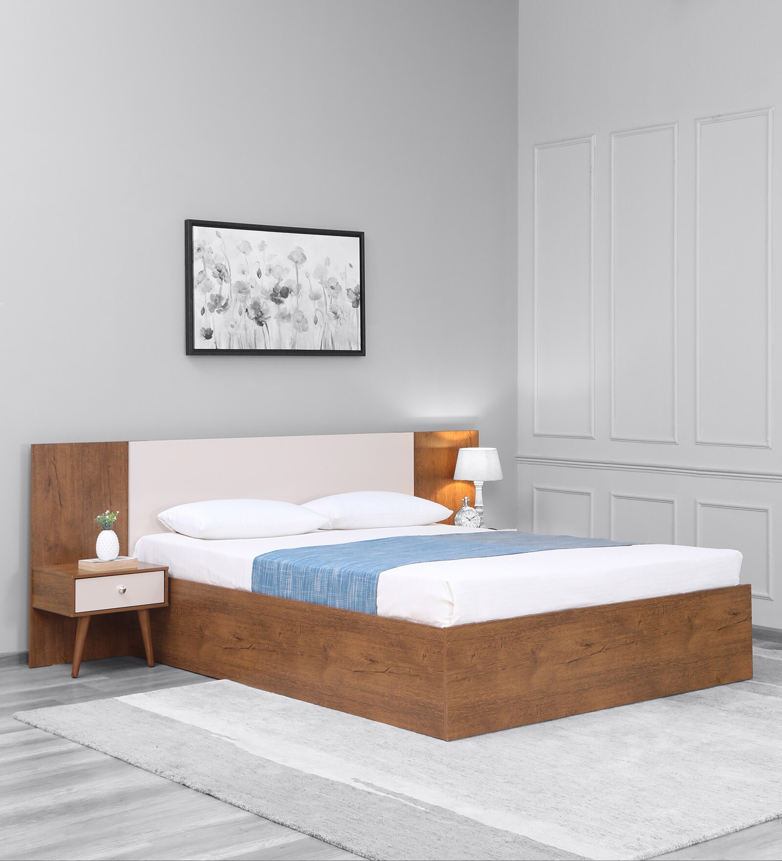 Buy Abran Queen Size Bed with Storage & Bedside Tables in Oak Colour ...