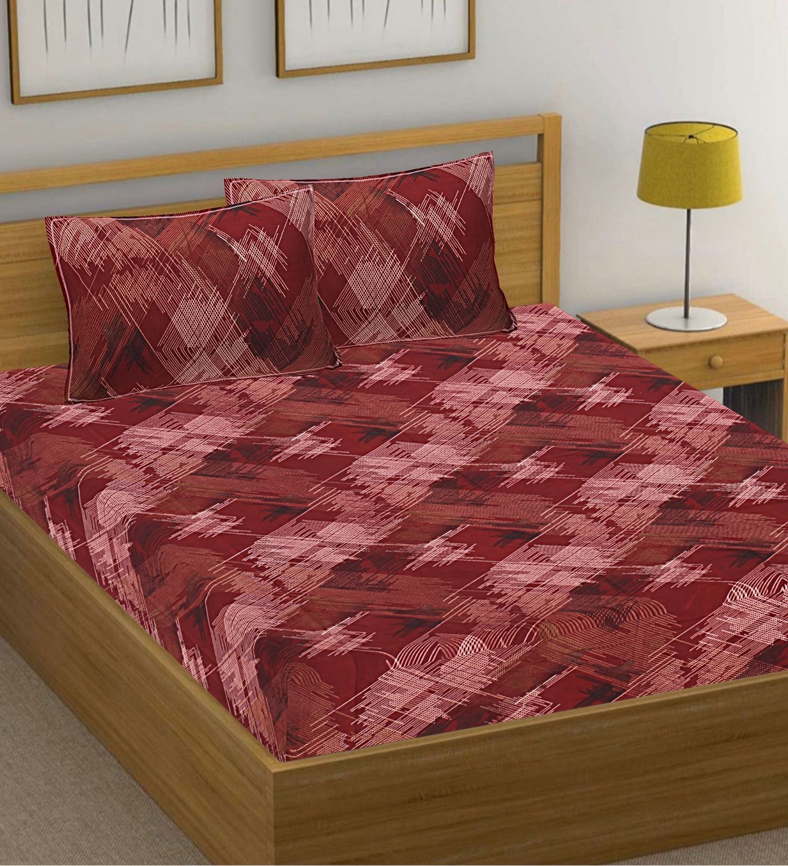 Buy Brown Abstract Cotton Queen Double Size Bed Sheet With 2 Pillow ...