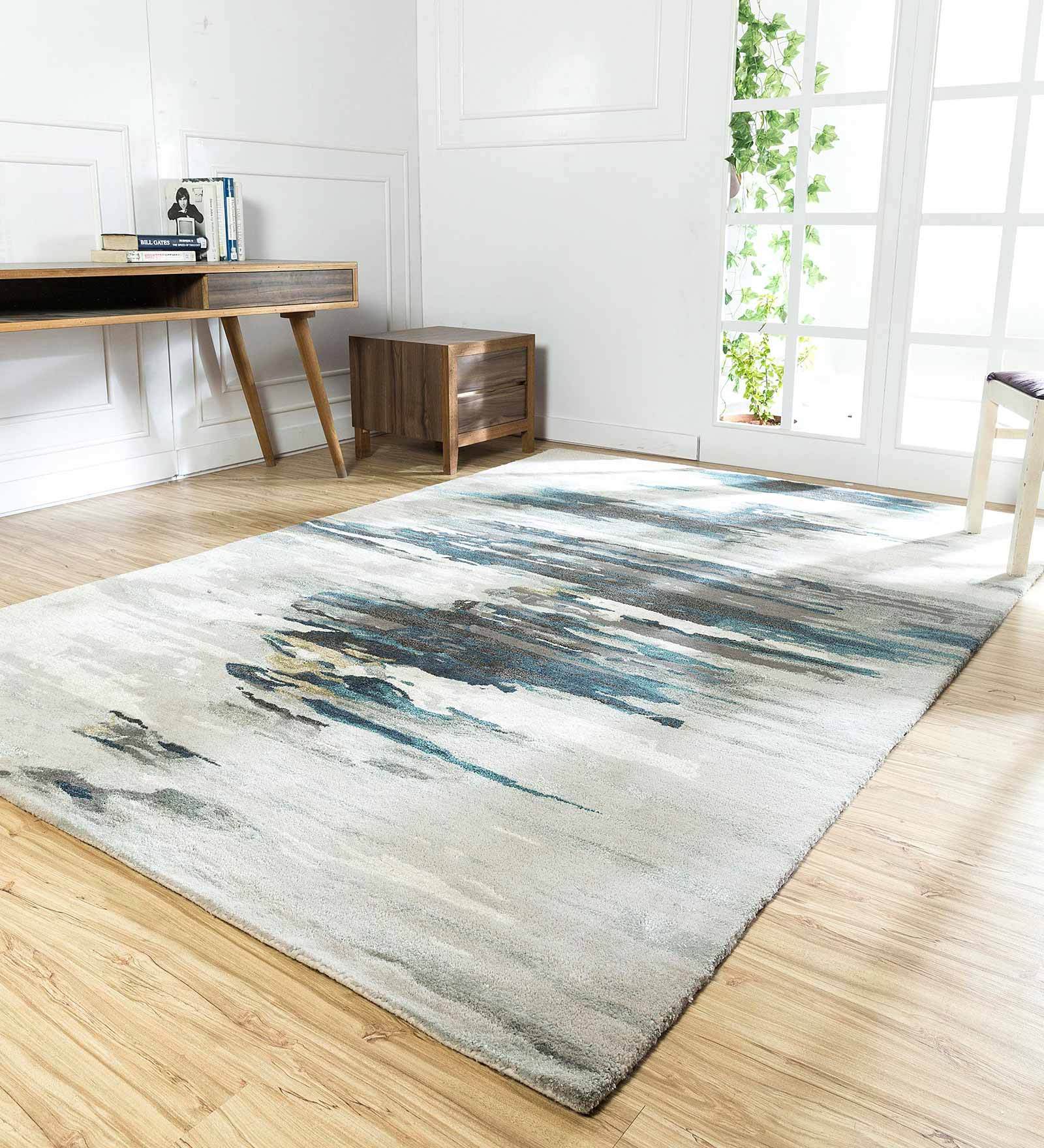 Buy Blue Abstract Wool And Viscose 8 ft x 10 ft Hand Tufted Carpet by ...