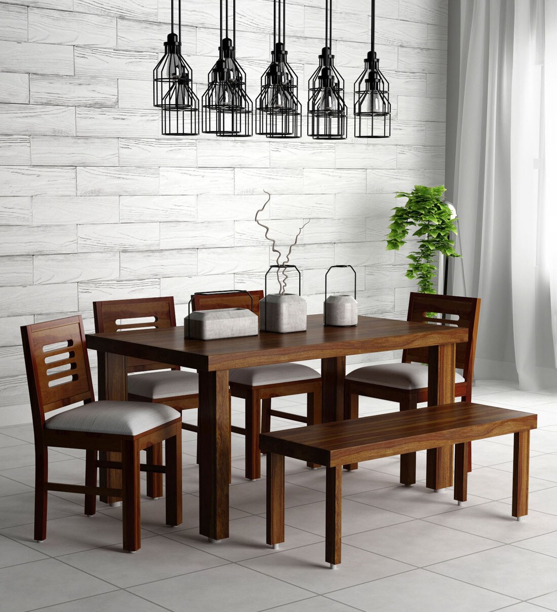 Buy Acropolis Solid Wood Cushioned Six Seater Dining Set with Bench in Provincial Teak Finish at ...