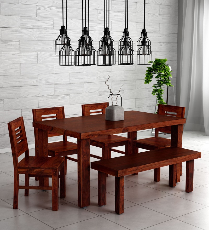 Buy Acropolis Solid Wood 6 Seater Dining Set with Bench in Honey Oak Finish By Woodsworth Online ...