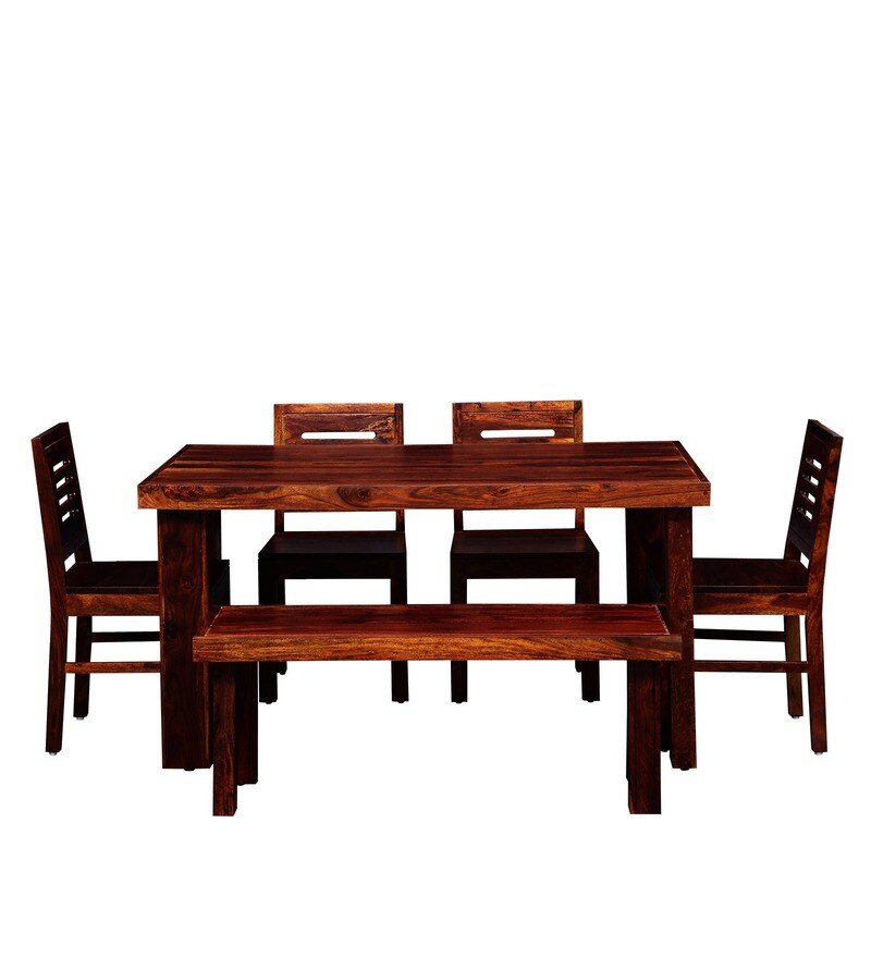 Buy Acropolis Solid Wood 6 Seater Dining Set with Bench in Honey Oak Finish By Woodsworth Online ...
