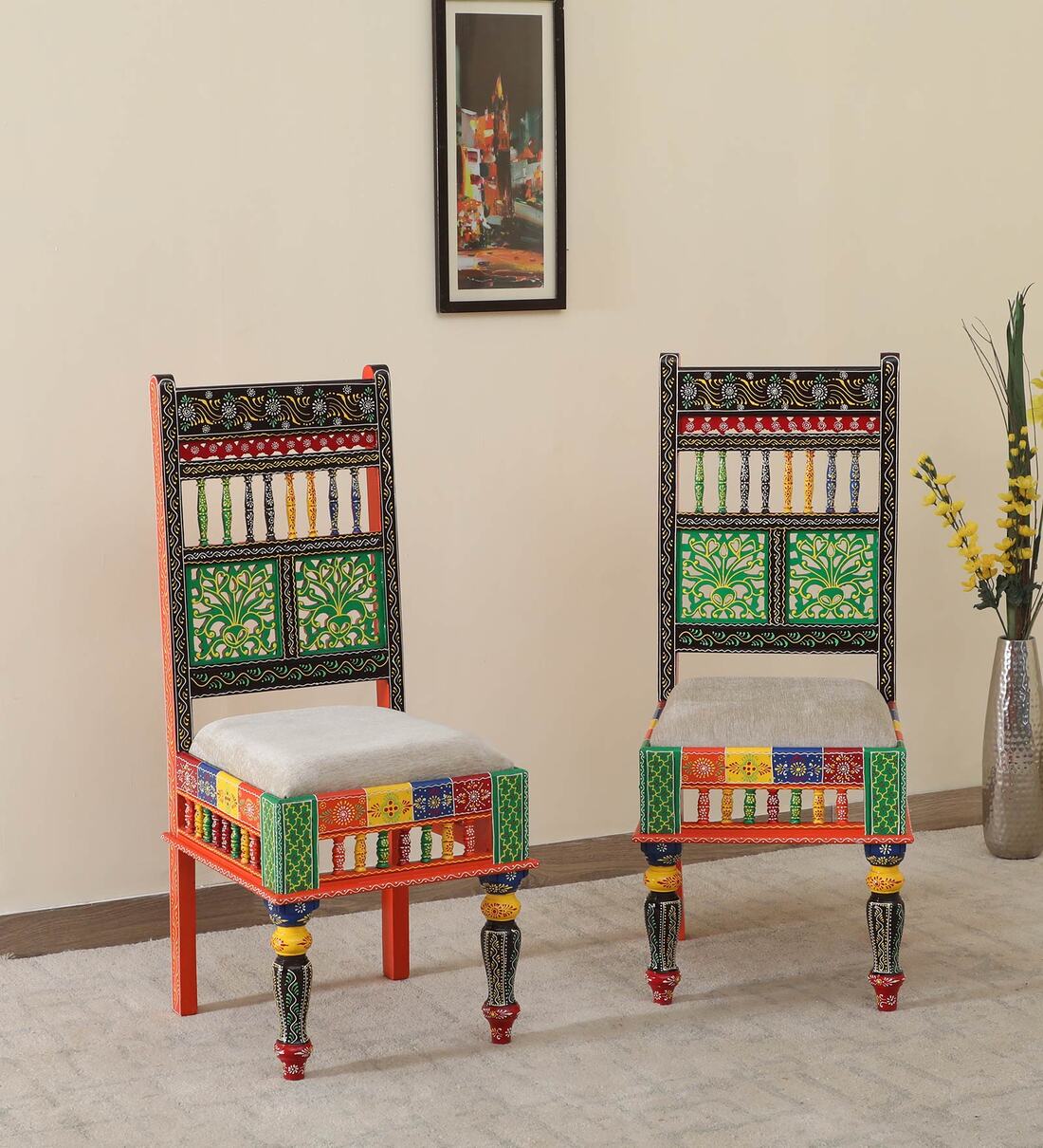 Buy Alankaar Solid Wood Dining Chair In Hand-Painted Multicolour Online ...