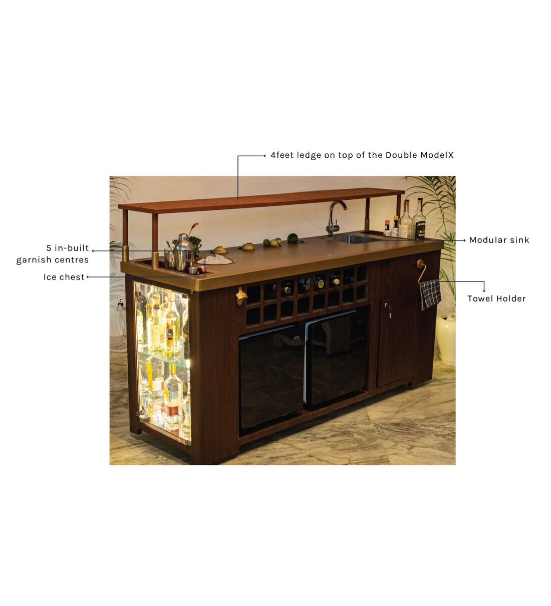Buy All-In-One Metal Bar Cabinet in Natural & Matt Gold Finish With 60L Godrej Cube Fridge ...