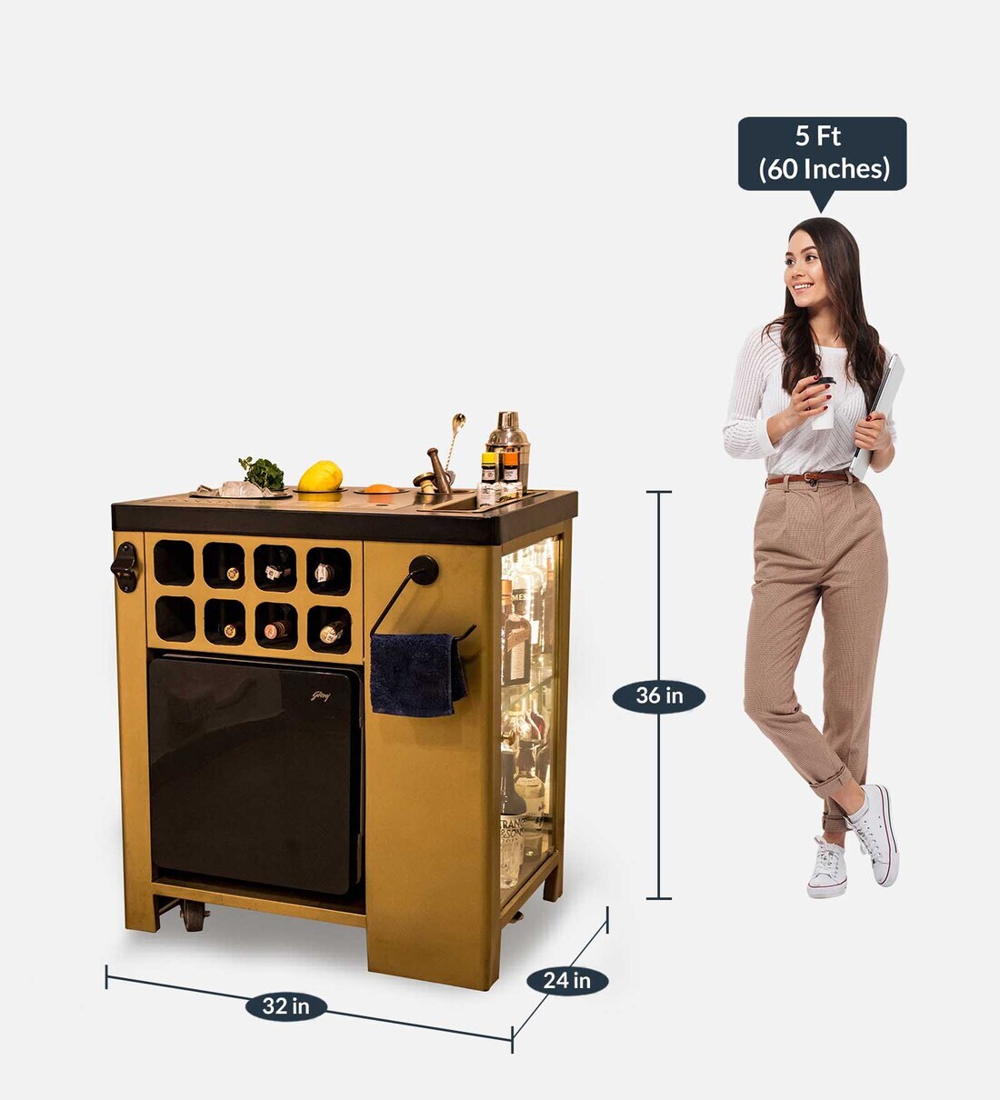 Buy All-In-One Metal Bar Cabinet in Matt Black & Matt Gold Finish With Built-In 30L Godrej Qube ...