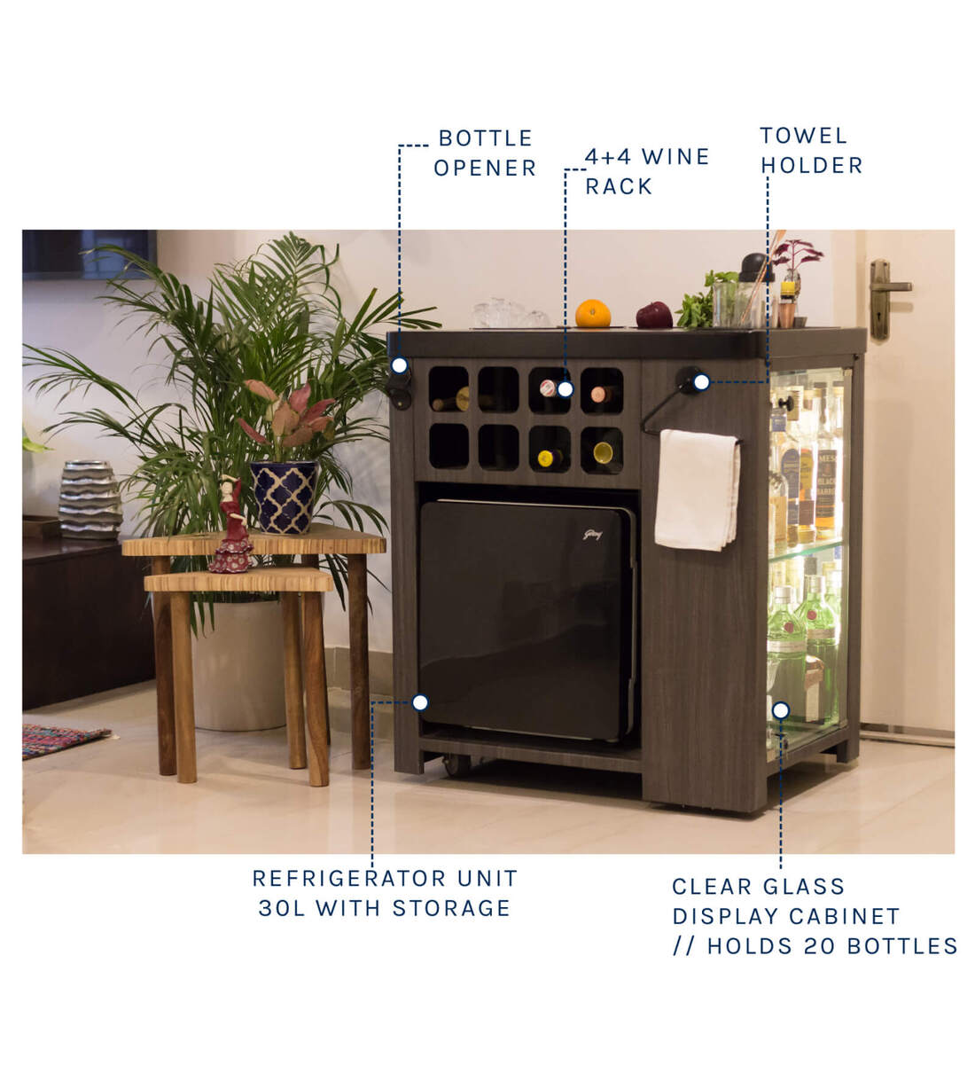Buy All-In-One Metal Bar Cabinet in Black Slate Wood Finish with Built-in 30L Fridge & Wheels ...
