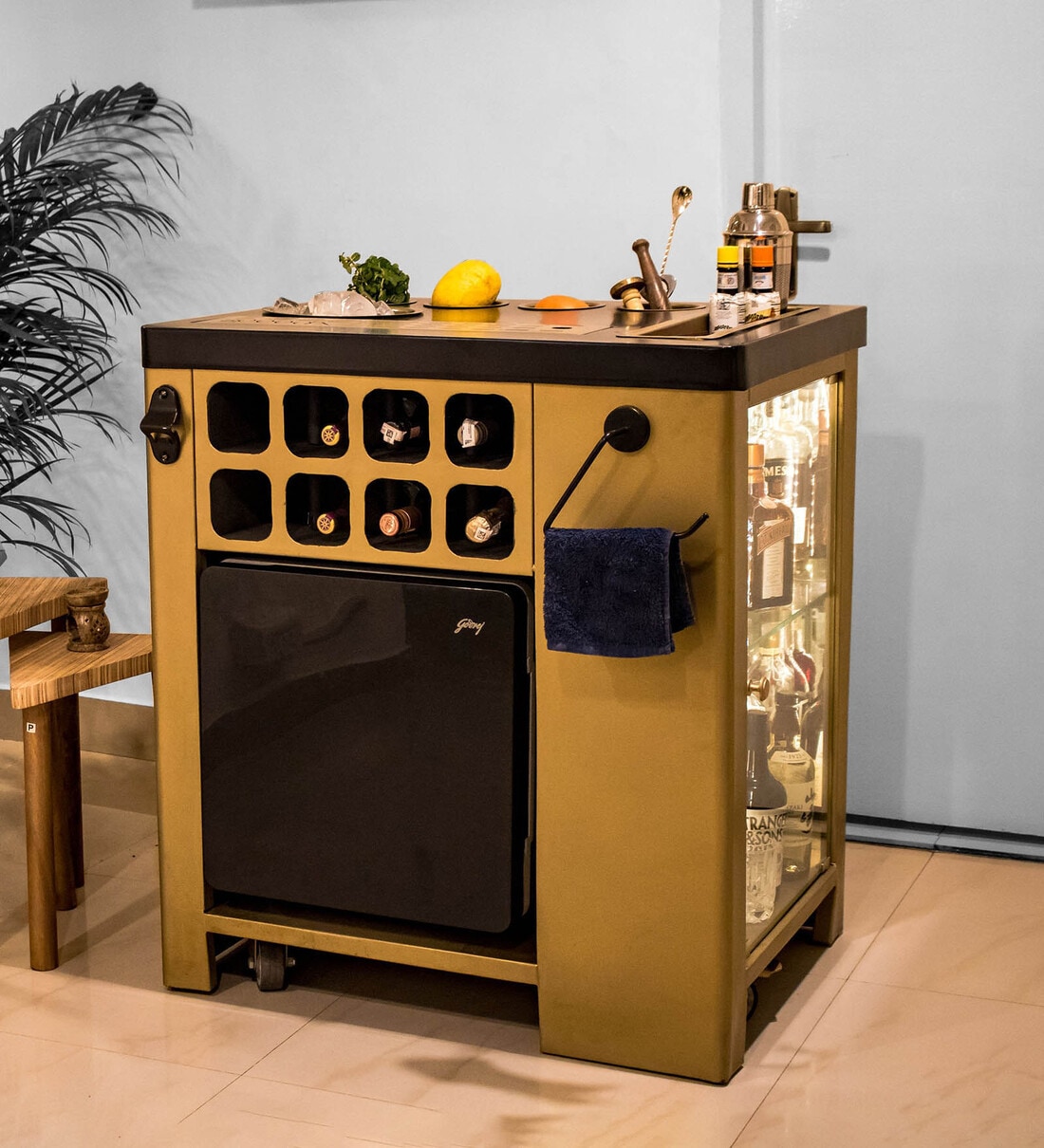 Buy All-In-One Metal Bar Cabinet in Matt Black & Matt Gold Finish With ...