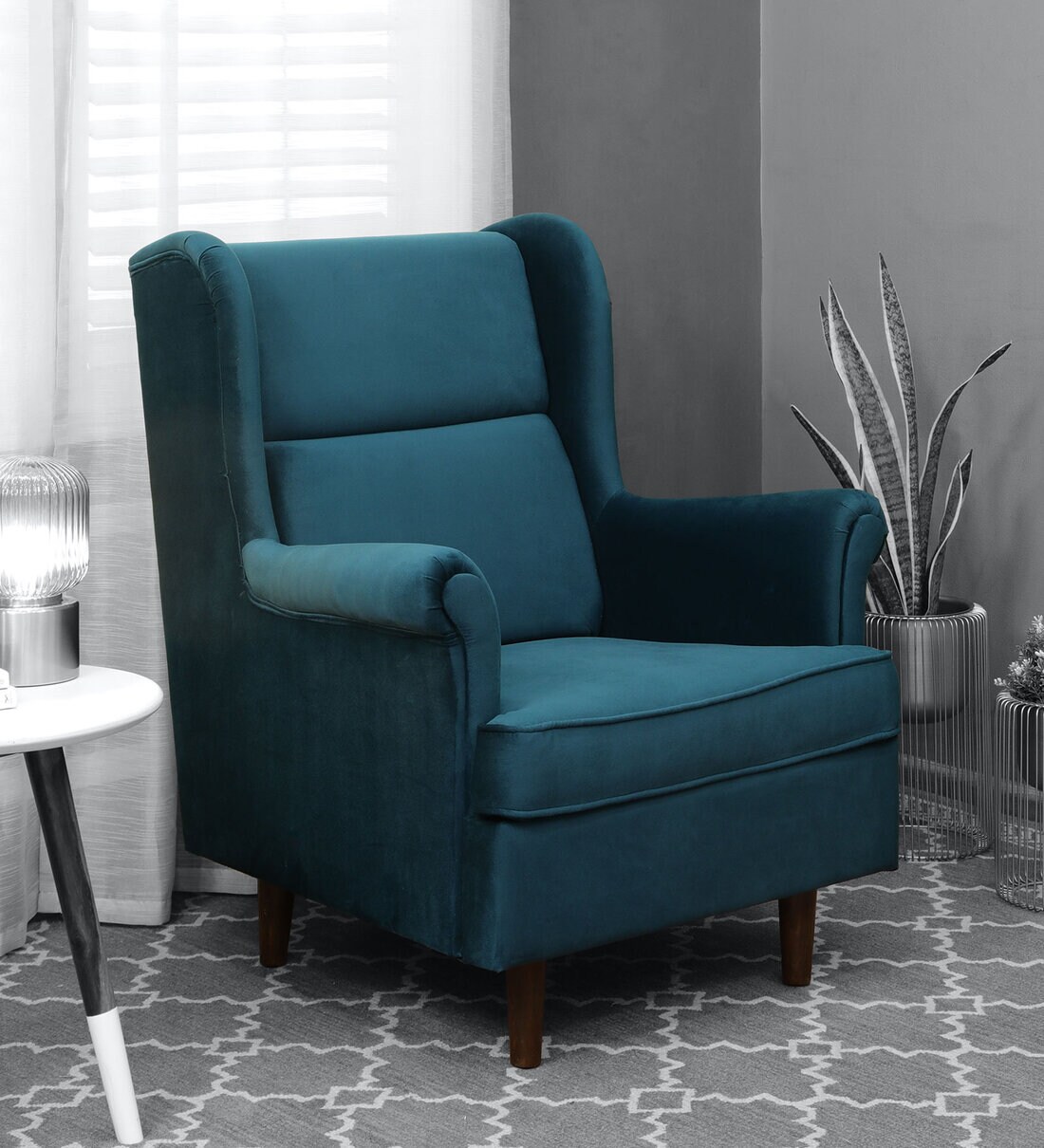 Buy Alvarez Velvet Fabric Wing Chair In Velvet Teal Blue Colour By ...