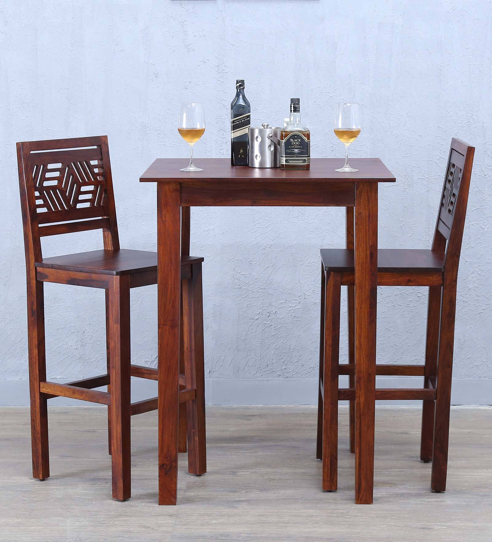 Buy Alder Solid Wood Square High Two Seater Dining cum Bar Set in Honey ...