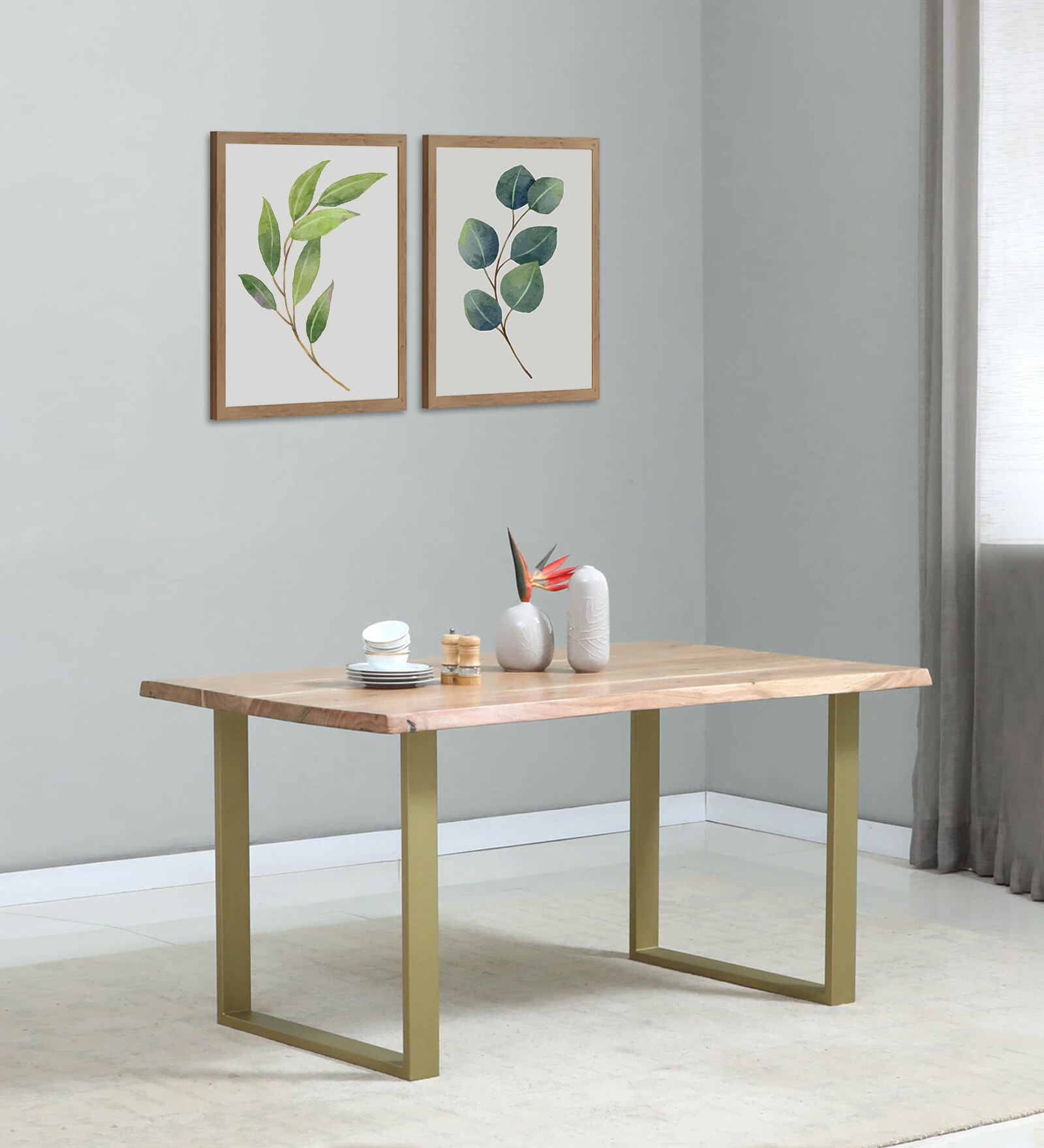 Buy Alice Solid Wood 6 Seater Dining Table In Natural And Gold Finish ...