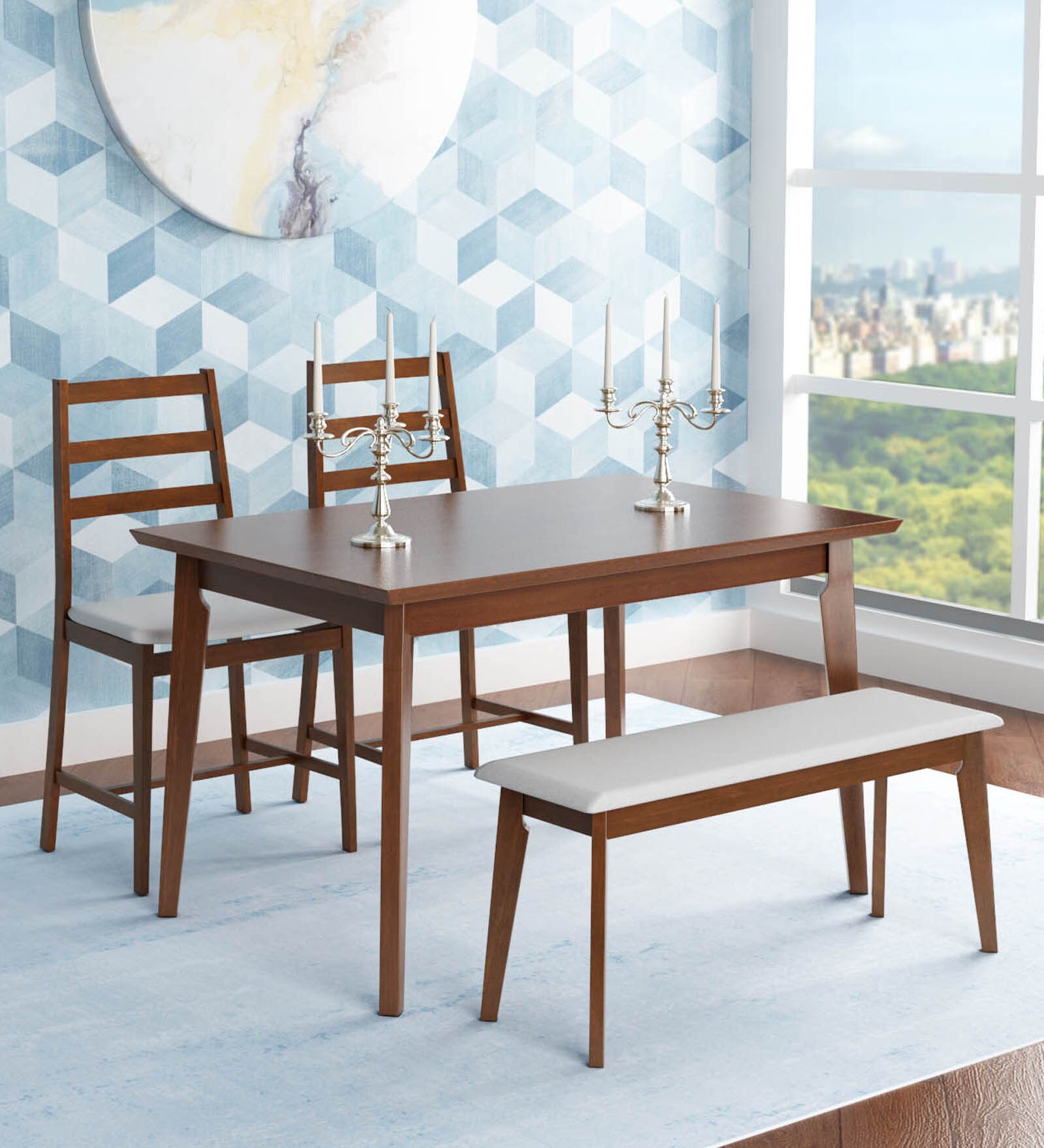 Buy Allen 4 Seater Dining Set With Bench in Light Walnut Finish By ...