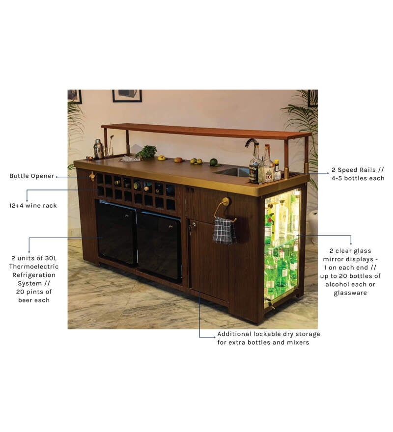 Buy All-In-One Metal Bar Cabinet in Natural & Matt Gold Finish With 60L Godrej Cube Fridge ...
