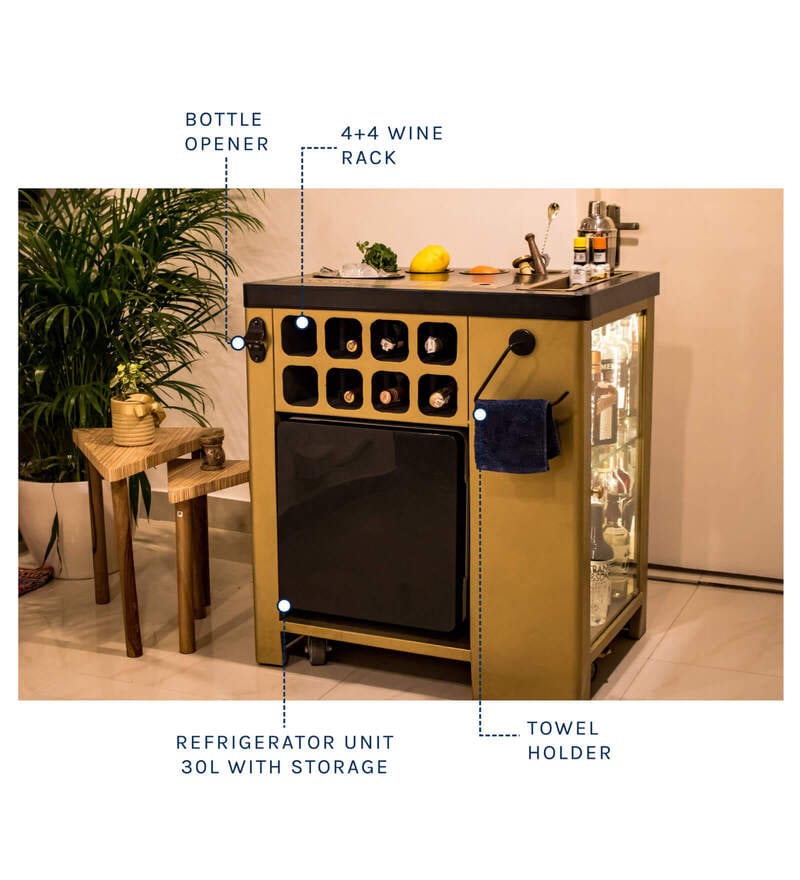 Buy All-In-One Metal Bar Cabinet in Matt Black & Matt Gold Finish With ...