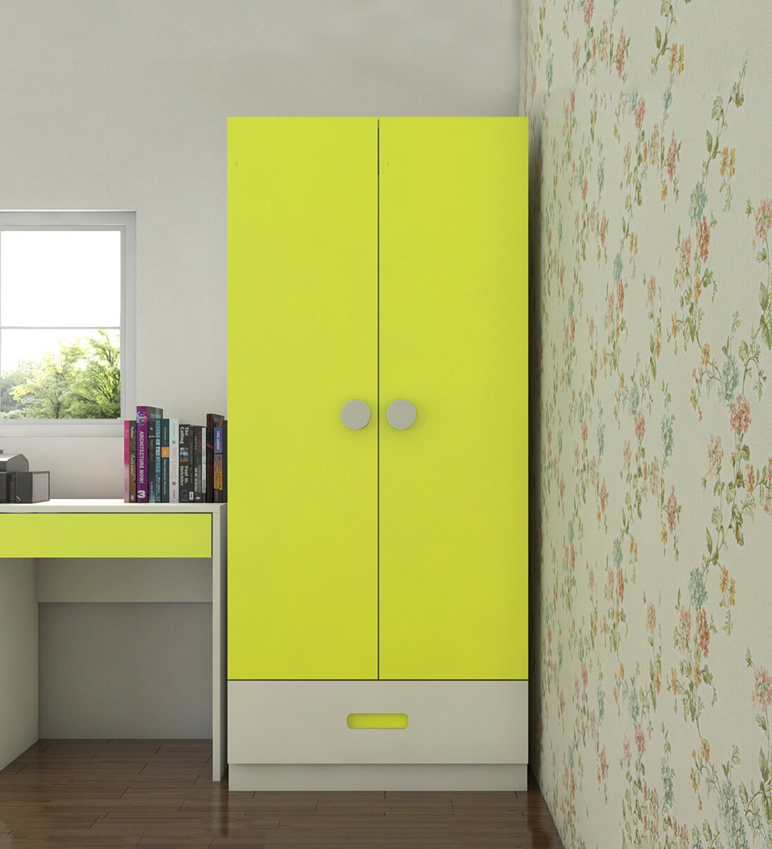 Buy Amelia Kid's 2 Door Wardrobe With Drawer In Lime Yellow Finish at ...