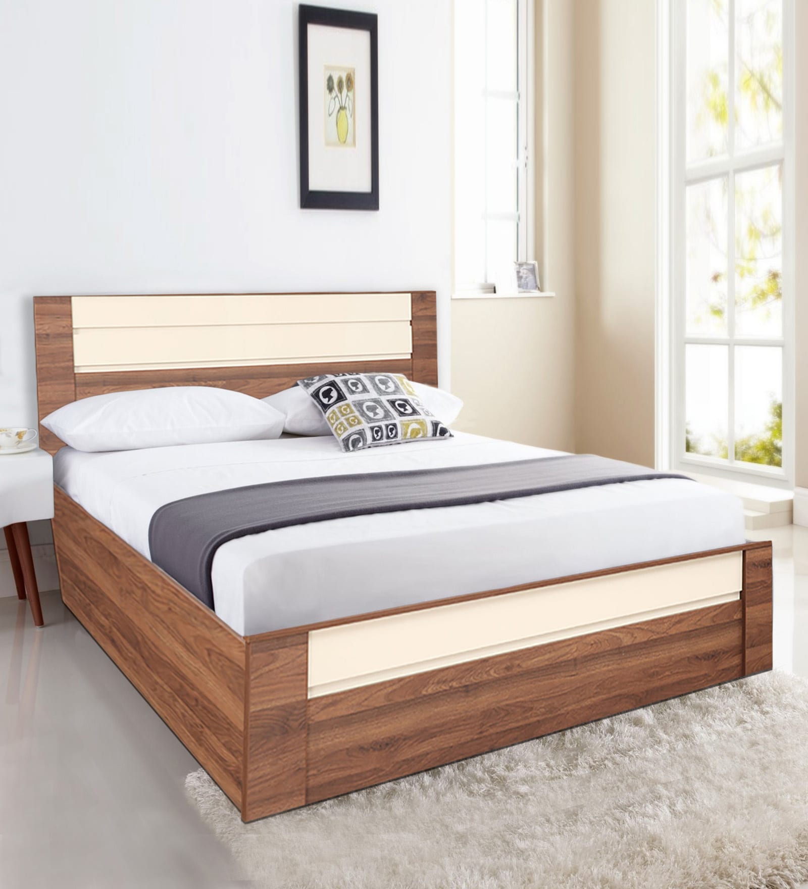 Buy Ambrosia King Size Bed with Hydraulic Storage in Walnut & Off White ...