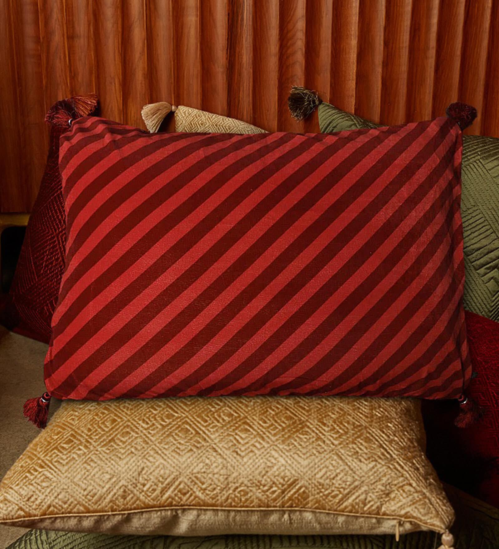 Buy Red Striped Poly Velvet 20 x 28 Inches Cushion Cover with Filler by ...