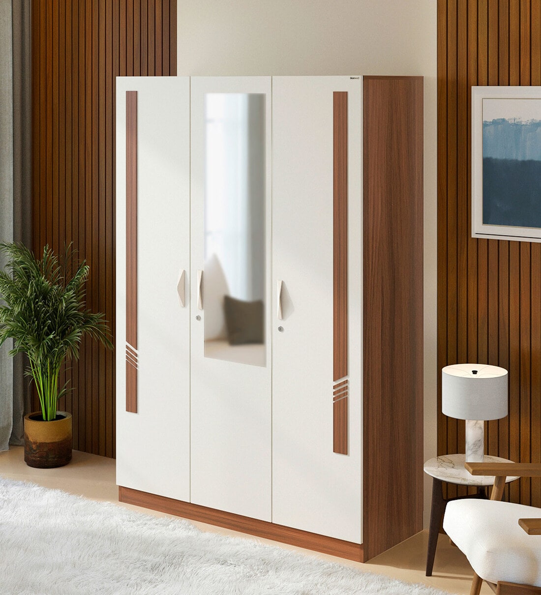 Buy Andrie 3 Door Wardrobe in Walnut & White Finish with Mirror Online ...