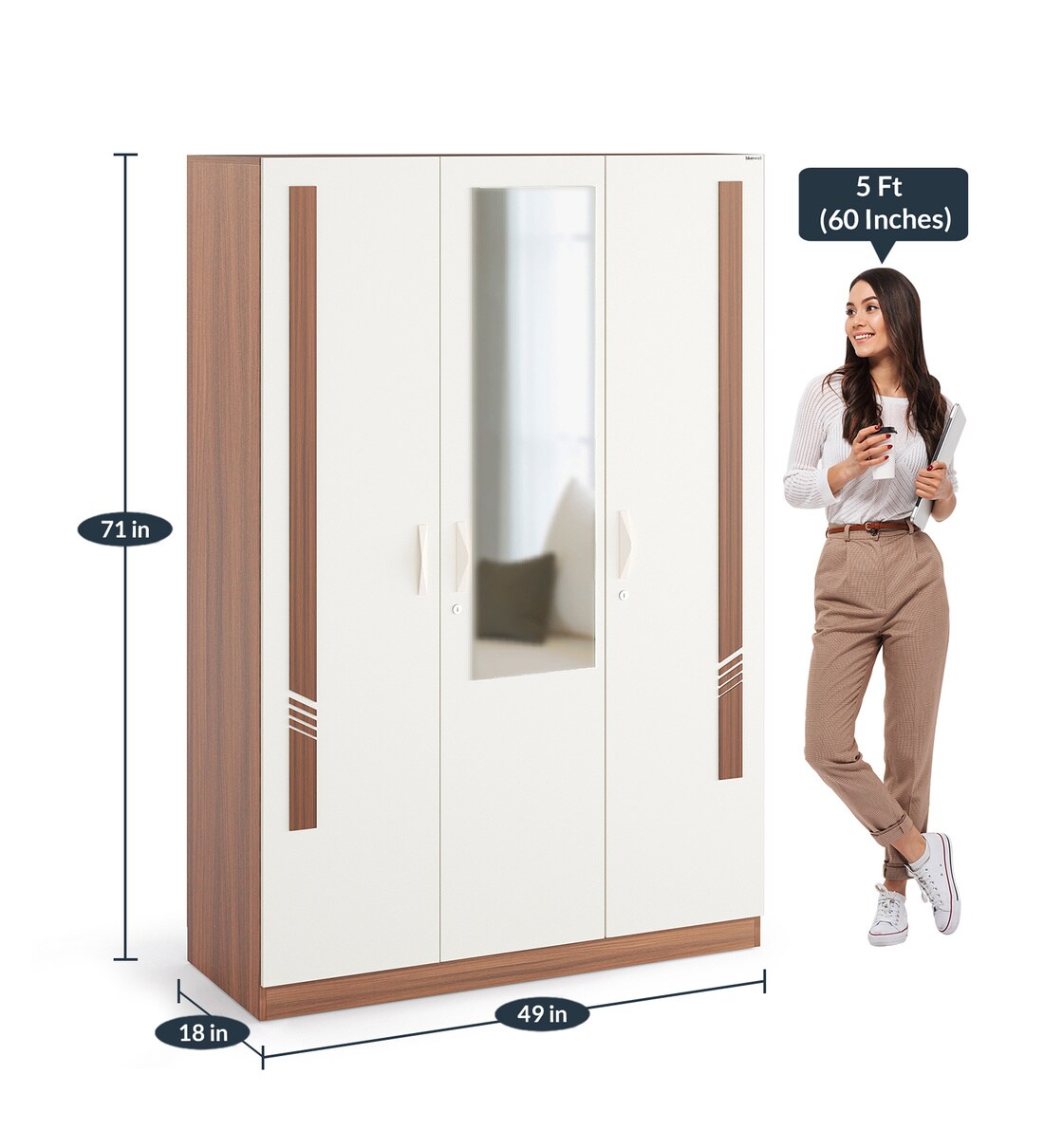 Buy Andrie 3 Door Wardrobe in Walnut & White Finish with Mirror Online ...