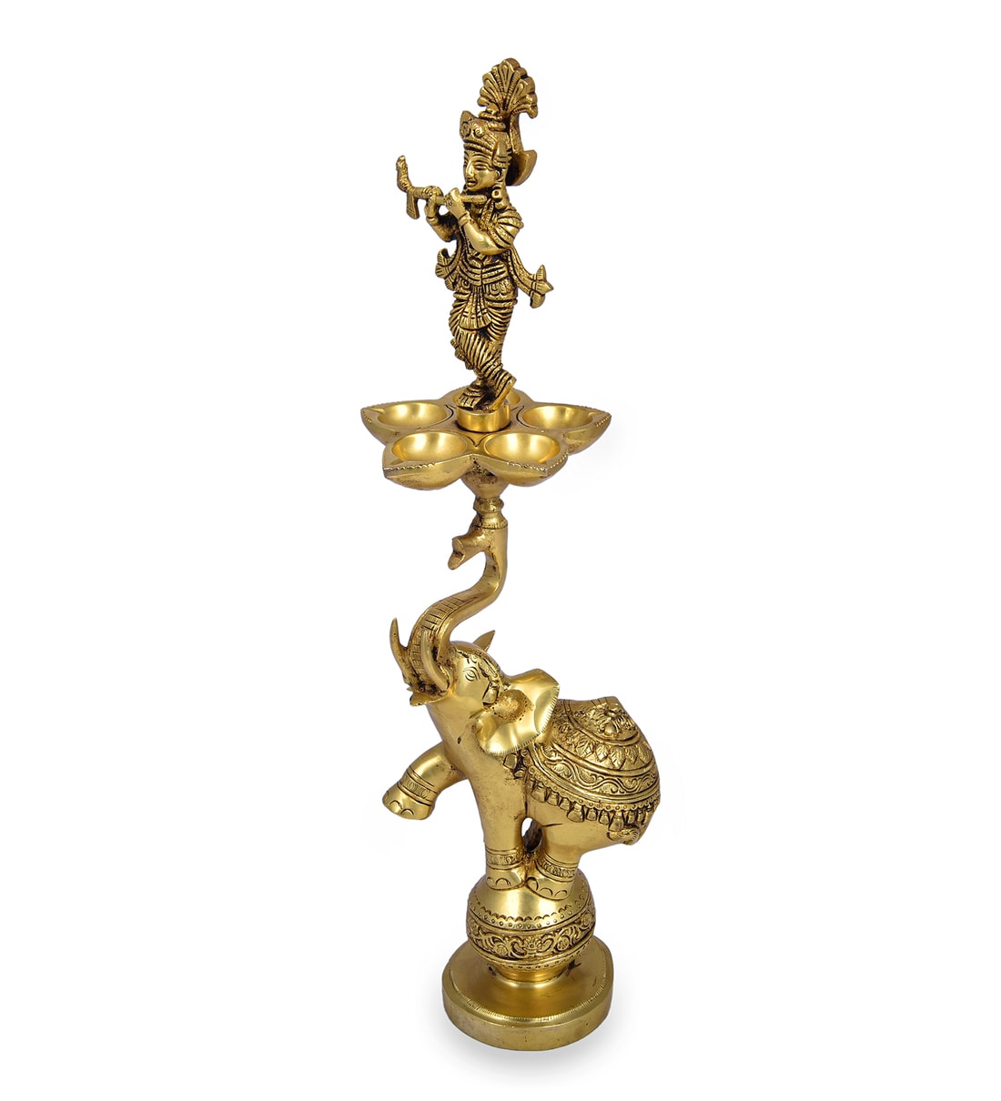 Buy Antique Brass Lord krishna standing on elephant with oil lamp By ...