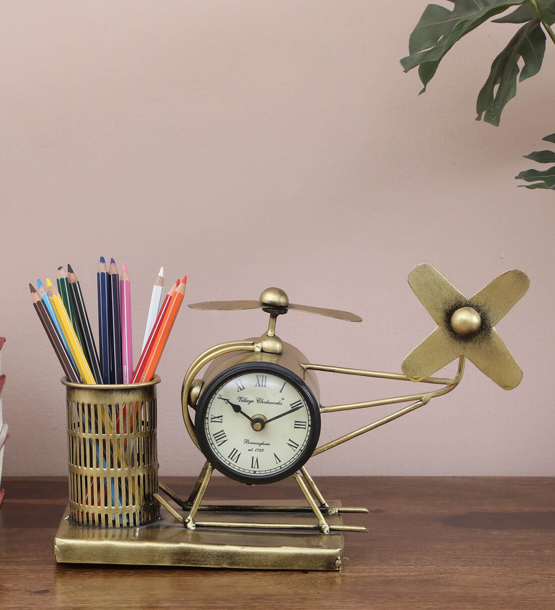 Buy Antique Copper Finish Helicopter Miniature Table Clock With Pen ...