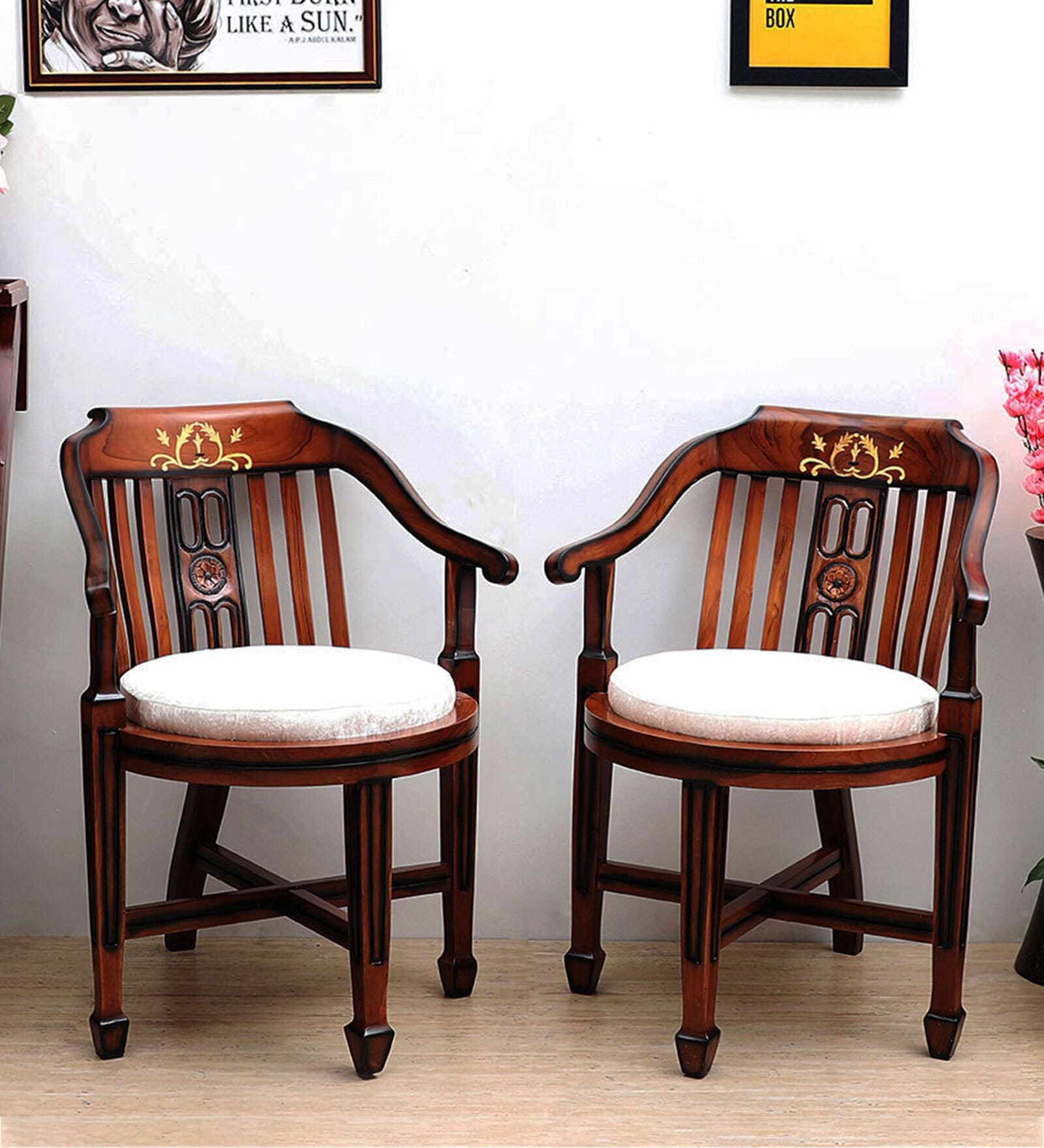 Buy Ancient India Arm Chair (Set Of 2) In Teak & Gold Colour at 44% OFF ...