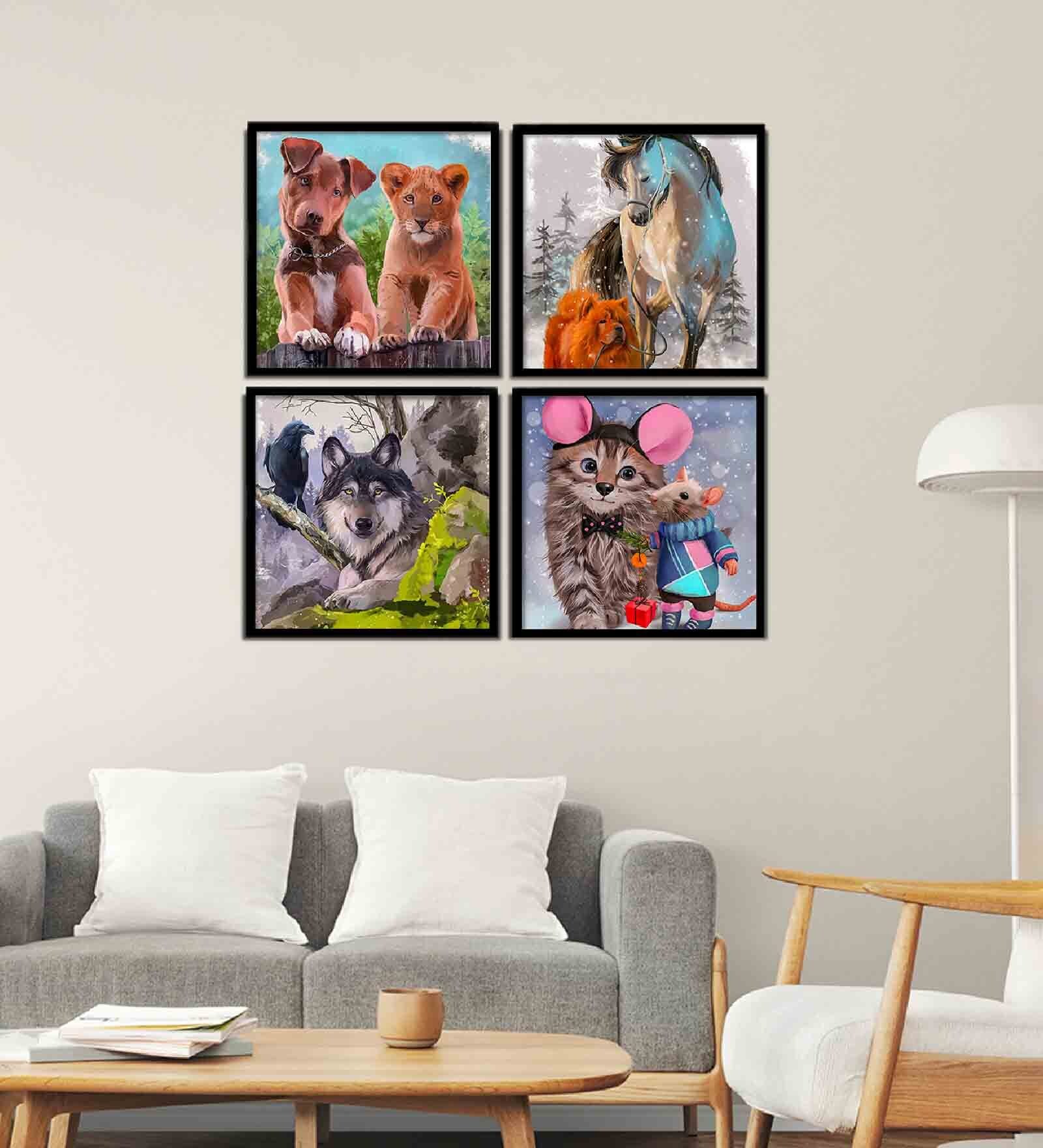 Buy Animals Grey Engineered Wood Framed Wildlife Art Print Set of 4 at ...