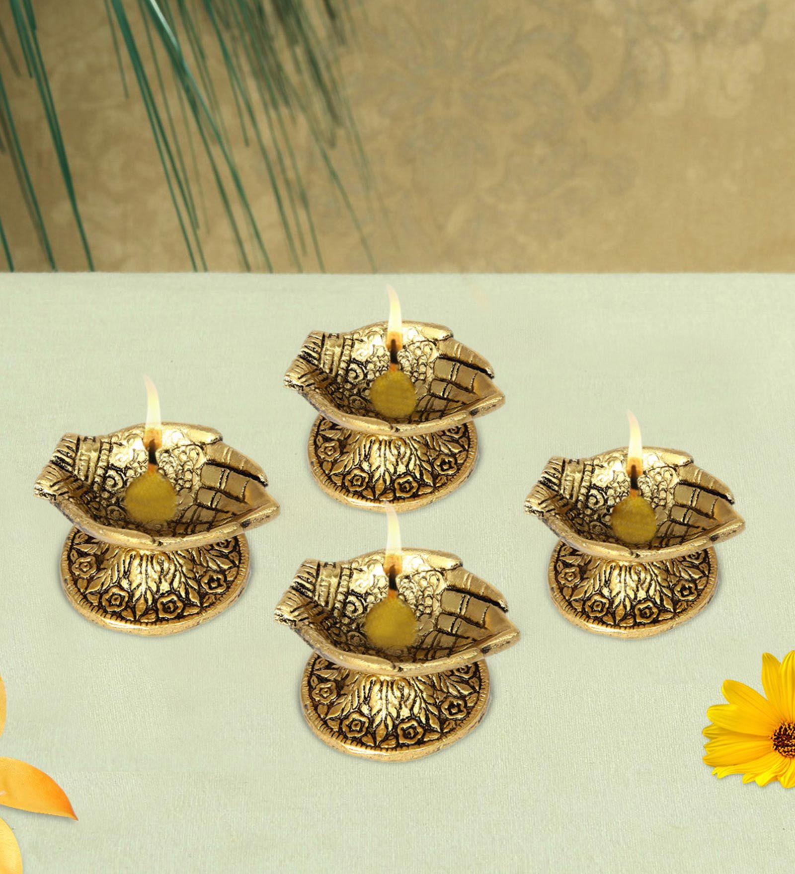 Buy Antique Golden Aluminium Diya In Antique Golden Finish Set of 4, By ...