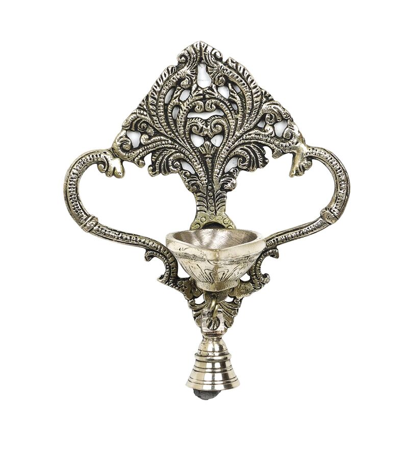 Buy Antique Brass Golden Brass Wall Hanging Diya With Bell by Imli ...