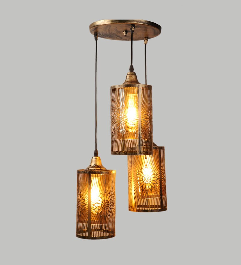 Buy Antique Gold Metal 3 Light Cluster Hanging Lights By Foziq Online ...