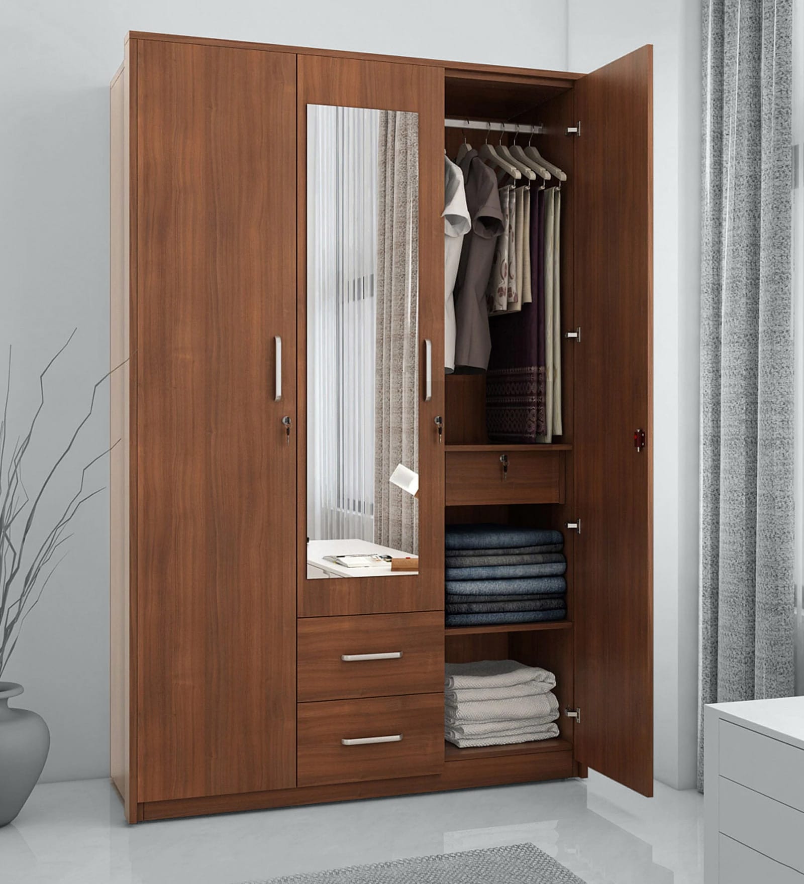Buy Apex 3 Door Wardrobe in Walnut Finish with Mirror Online - 3 Door ...